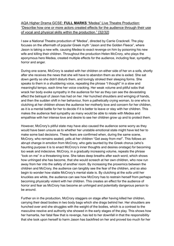 AQA Higher Drama GCSE Section C: FULL MARKS “Medea” Live Theatre ...