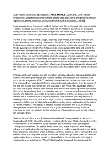 AQA Higher Drama GCSE Section C: FULL MARKS “Lovesong” Live Theatre ...