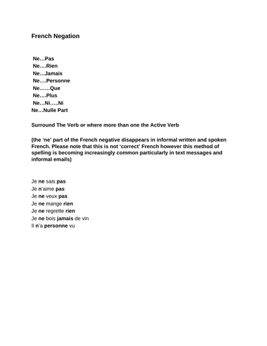 A LEVEL FRENCH REVISION forming the negative (ne..pas; ne jamais; ne ...