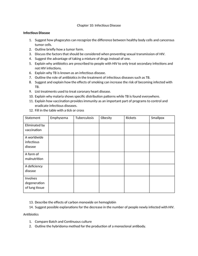 Chapters 10 (Infectious Disease) CIE Past Paper Questions | Teaching ...