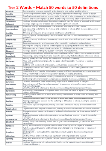 Tier 2 Vocabulary - Match 50 words to 50 definitions | Teaching Resources