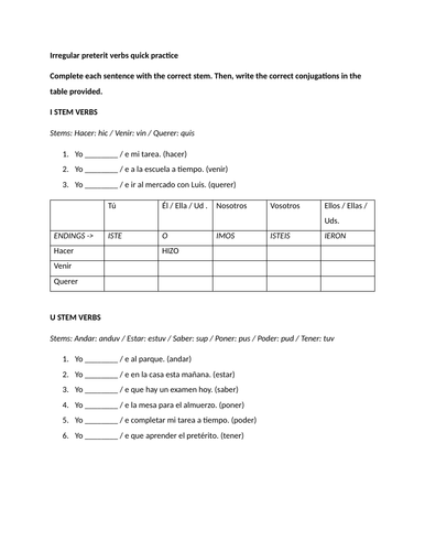 Irregular Preterit Verbs Quick Practice Teaching Resources