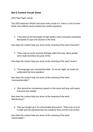 Nat 5 English Context Questions - Vocab from 2022 exam. | Teaching ...
