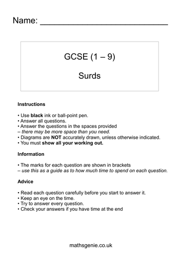 Surds - Mathematics KS3,4,5 | Teaching Resources