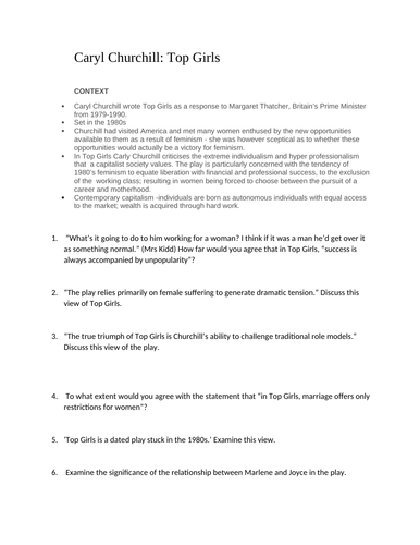 'TOP GIRLS' A LEVEL ENGLISH LITERATURE - a bank of essay questions ...