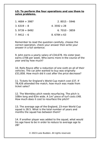 KS2 Four Operations Word Problems Worksheet 2 | Teaching Resources KS2 Four Operations Word Problems Worksheet 2 | Teaching Resources