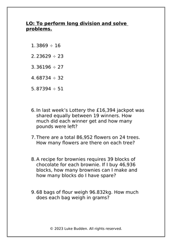 KS2 Long Division + Word Problems Worksheet | Teaching Resources KS2 Long Division + Word Problems Worksheet | Teaching Resources