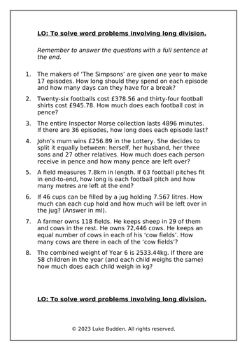 KS2 Long Division Word Problems Worksheet | Teaching Resources KS2 Long Division Word Problems Worksheet | Teaching Resources