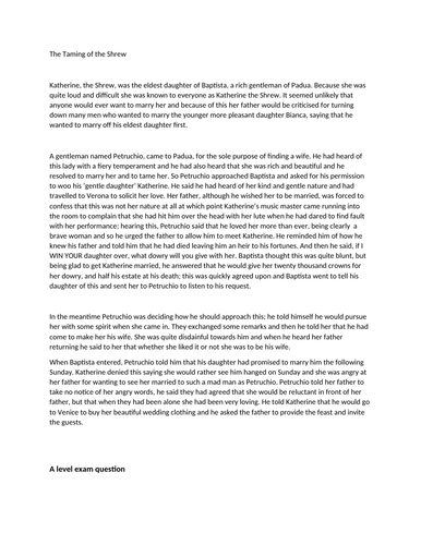aA LEVEL ENGLISH LITERATURE a bank of essay questions on THE TAMING OF ...