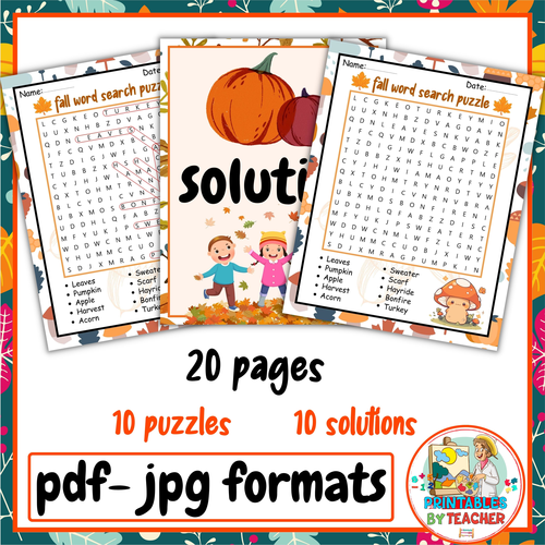 Autumn Fall Word Search Puzzle Game Worksheets | Autumn-November ...