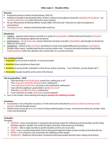 OCR Religious Studies A Level Ethics A* KEY NOTES Ethics - Situation ...