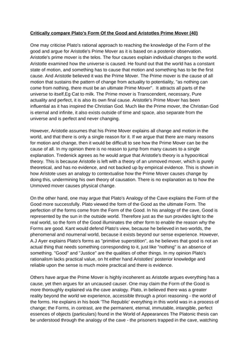 Critically compare Plato's Form Of the Good and Aristotle's Prime Mover ...