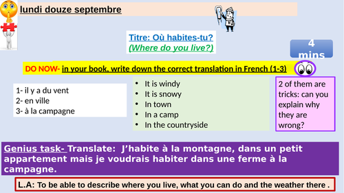 Theme 2 French _Où habites-tu + Weather_Foundation | Teaching Resources