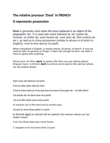 Teaching Resource: Home School French Language; the relative pronoun ...