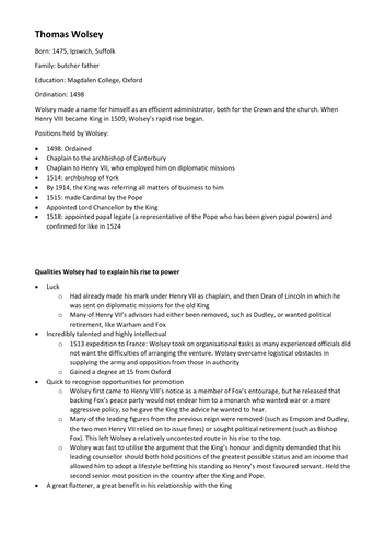 THOMAS WOLSEY (A Level OCR History) | Teaching Resources