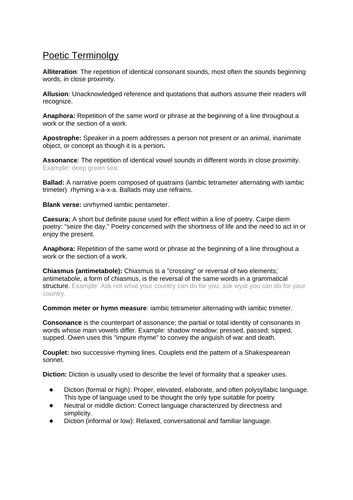 poetry terminology for English literature | Teaching Resources