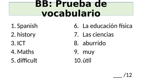 Prueba de vocabulario sobre las asignaturas | Teaching Resources