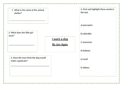Reading Comprehension Question Mat based on I want a dog by Jon Agee ...
