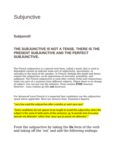 The Subjunctive in French A LEVEL REVISION SHEET | Teaching Resources