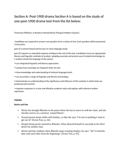 A level French revision sheet "A Streetcar Named Desire" English ...