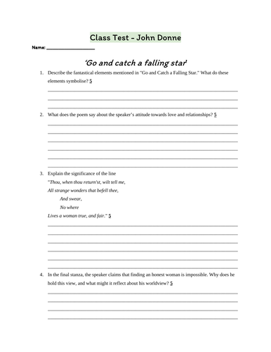 John Donne - Ordinary Level - Class Test | Teaching Resources