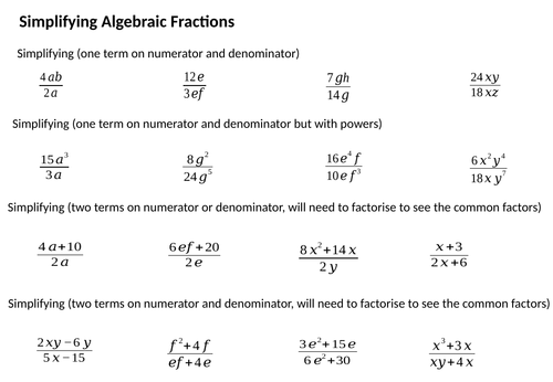 Simplifying algebraic fractions | Teaching Resources Simplifying algebraic fractions | Teaching Resources
