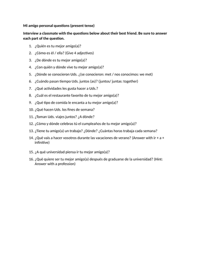 Mi amigo personal questions (present tense) | Teaching Resources