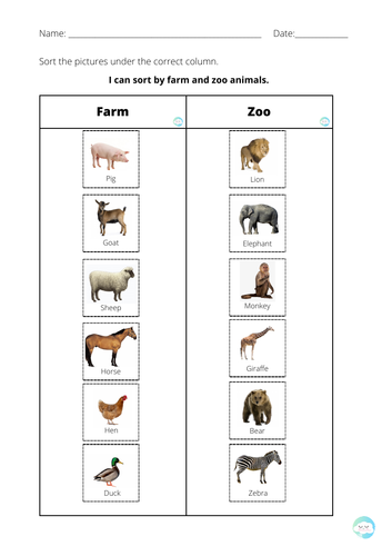 Farm and zoo animals sorting activity worksheet | Teaching Resources