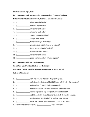 Practice: Cuánto , Qué, Cuál | Teaching Resources
