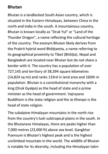 Bhutan Handout | Teaching Resources