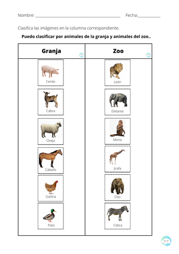 Ficha de clasificación de animales de la granja y del zoo | Teaching ...