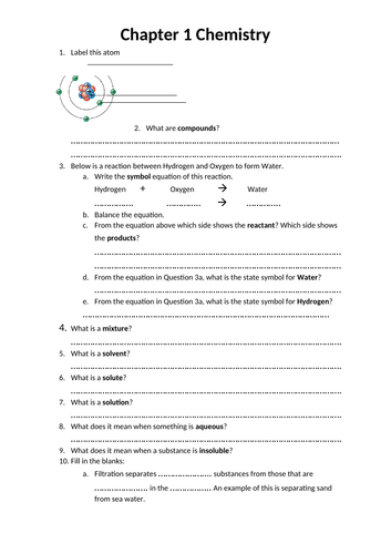 Chemistry Chapter 1 Revision sheet | Teaching Resources