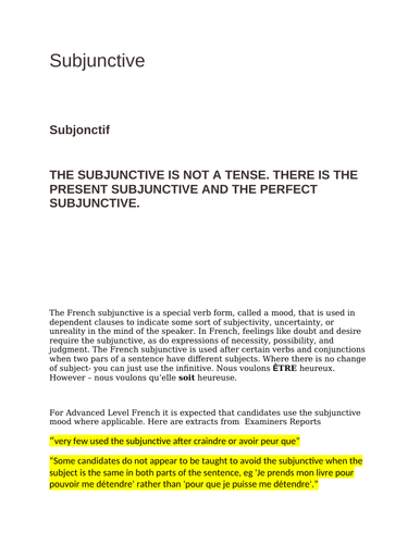 A LEVEL French revision notes on the Subjunctive Mood | Teaching Resources