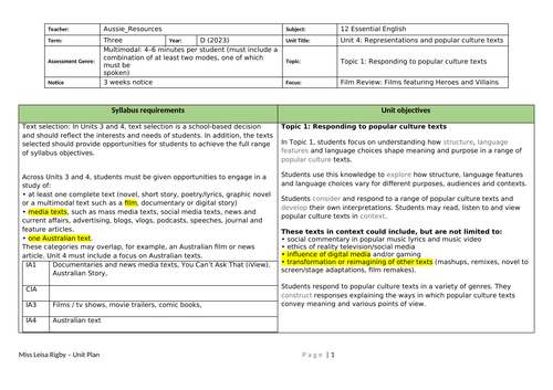 12 Essential English – Unit Plan and Scope and Sequence for IA3 – Pop ...