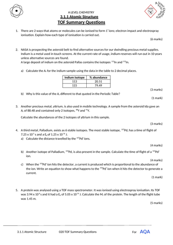 Time of Flight Mass Spectrometer Practice Exam Style Questions for AQA ...