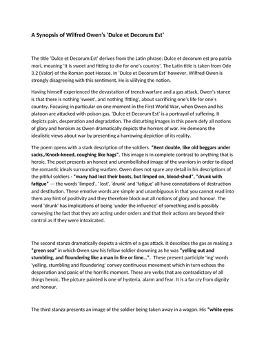 "Dulce et Decorum est" poetry analysis GCSE English Literature ...