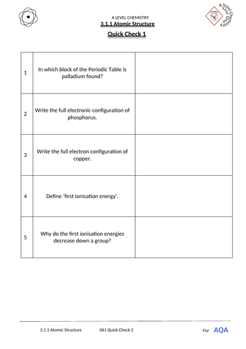 Electron Configuration And Ionisation Energies Quick Checks Teaching Resources