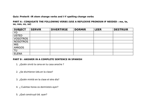 Preterite ir stem change and i-y spelling change verbs quiz | Teaching ...