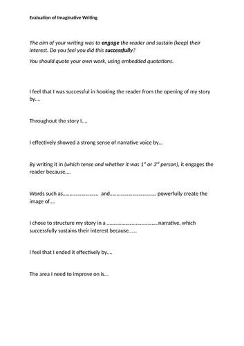 Evaluation template - imaginative writing | Teaching Resources