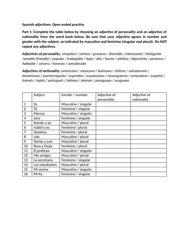 Spanish adjectives: Open ended practice | Teaching Resources