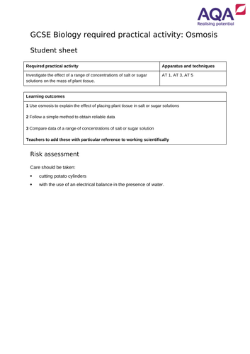AQA GCSE Biology L10 Osmosis Required Practical | Teaching Resources