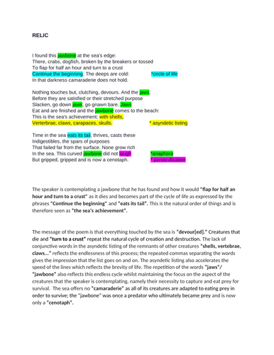GCSE English Literature poetry analysis "Relic" Ted Hughes Teaching ...