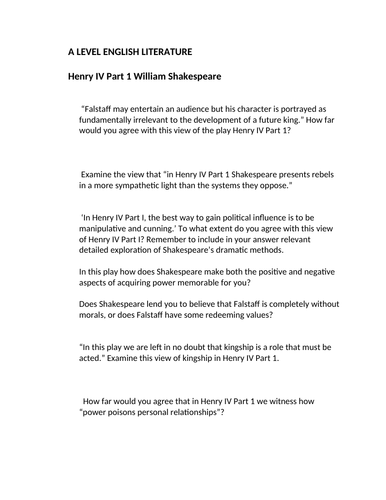 A LEVEL ENGLISH LITERATURE exam questions Henry IV Part I | Teaching ...