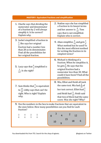 Equivalent Fractions Word Problems Worksheet