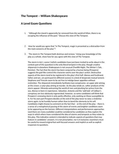 A LEVEL QUESTIONS ENGLISH LITERATURE "The Tempest" | Teaching Resources