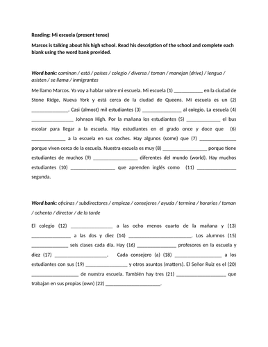 Reading: Mi escuela (present tense) | Teaching Resources