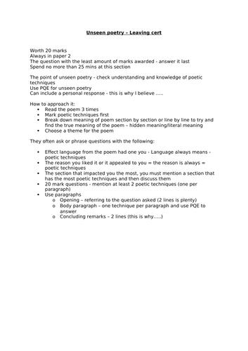 LC English unseen poetry - how to approach the question | Teaching ...
