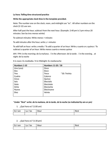 La hora: Telling time structured practice (Spanish) | Teaching Resources