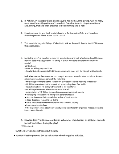 GCSE English Literature AN INSPECTOR CALLS by J.B. Priestley a bank of ...
