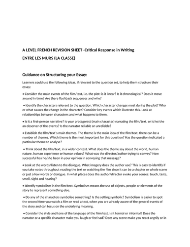 Revision Notes on "Entre Les Murs" A LEVEL FRENCH film - critical ...